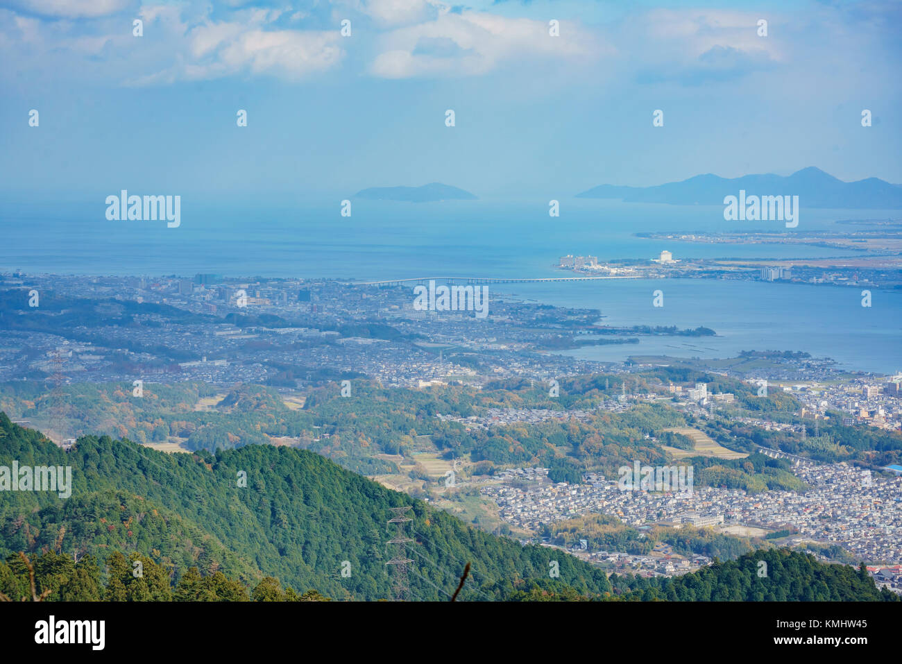 Aerial view of Lake Biwa and cityscape with autumn fall color, Japan ...