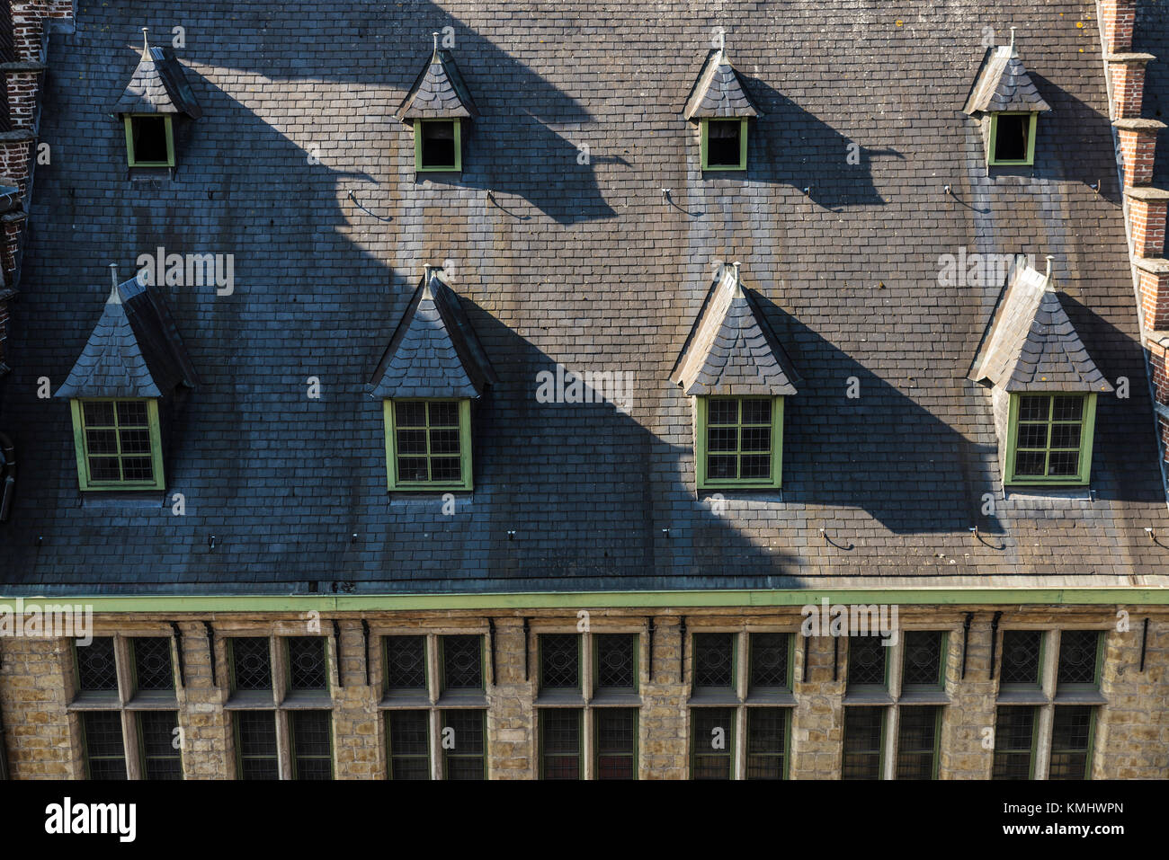 Eight windows on the roof of an old medieval house in the old town of ...
