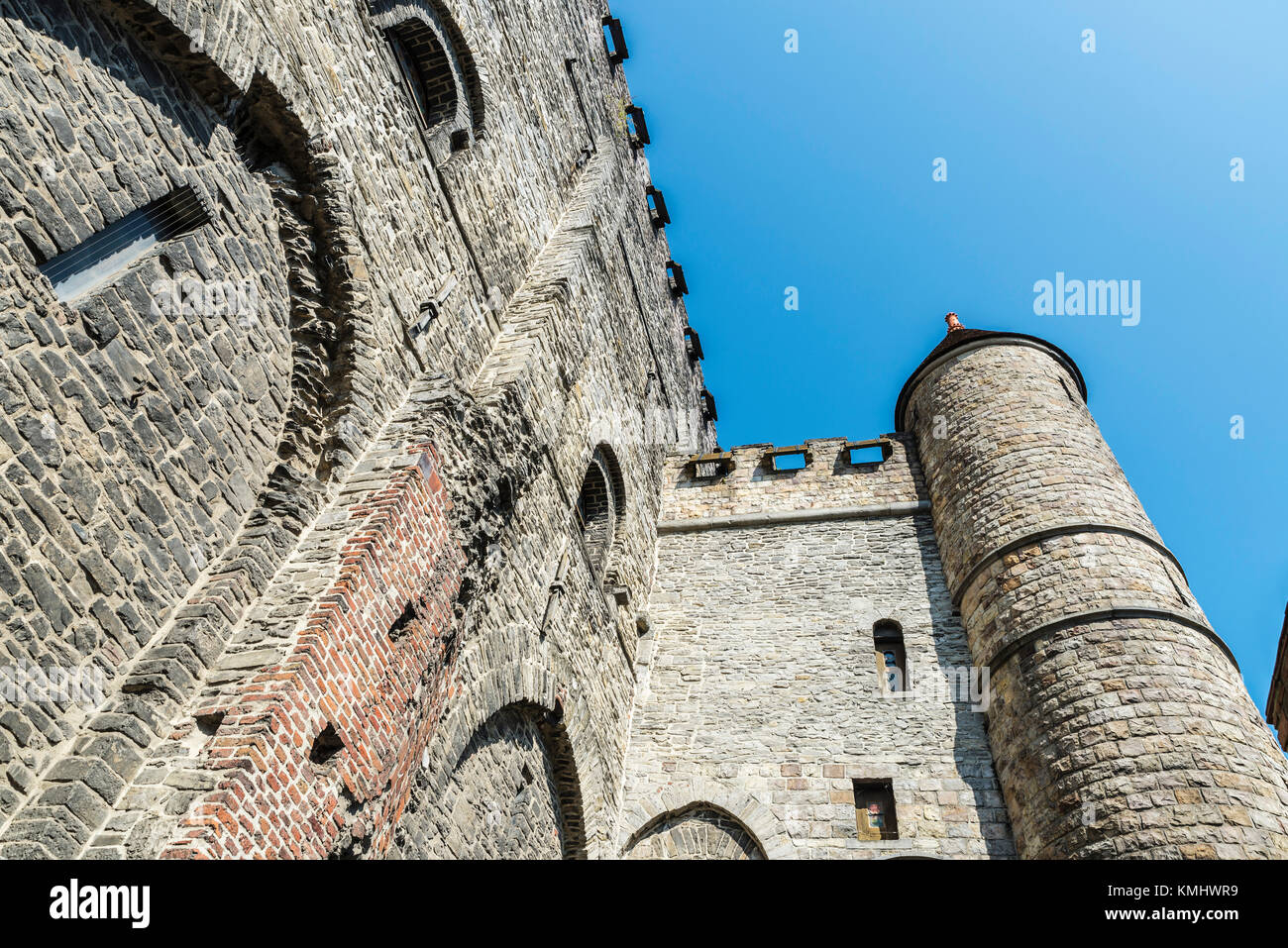 View of the Gravensteen medieval castle in the old town of the city of ...