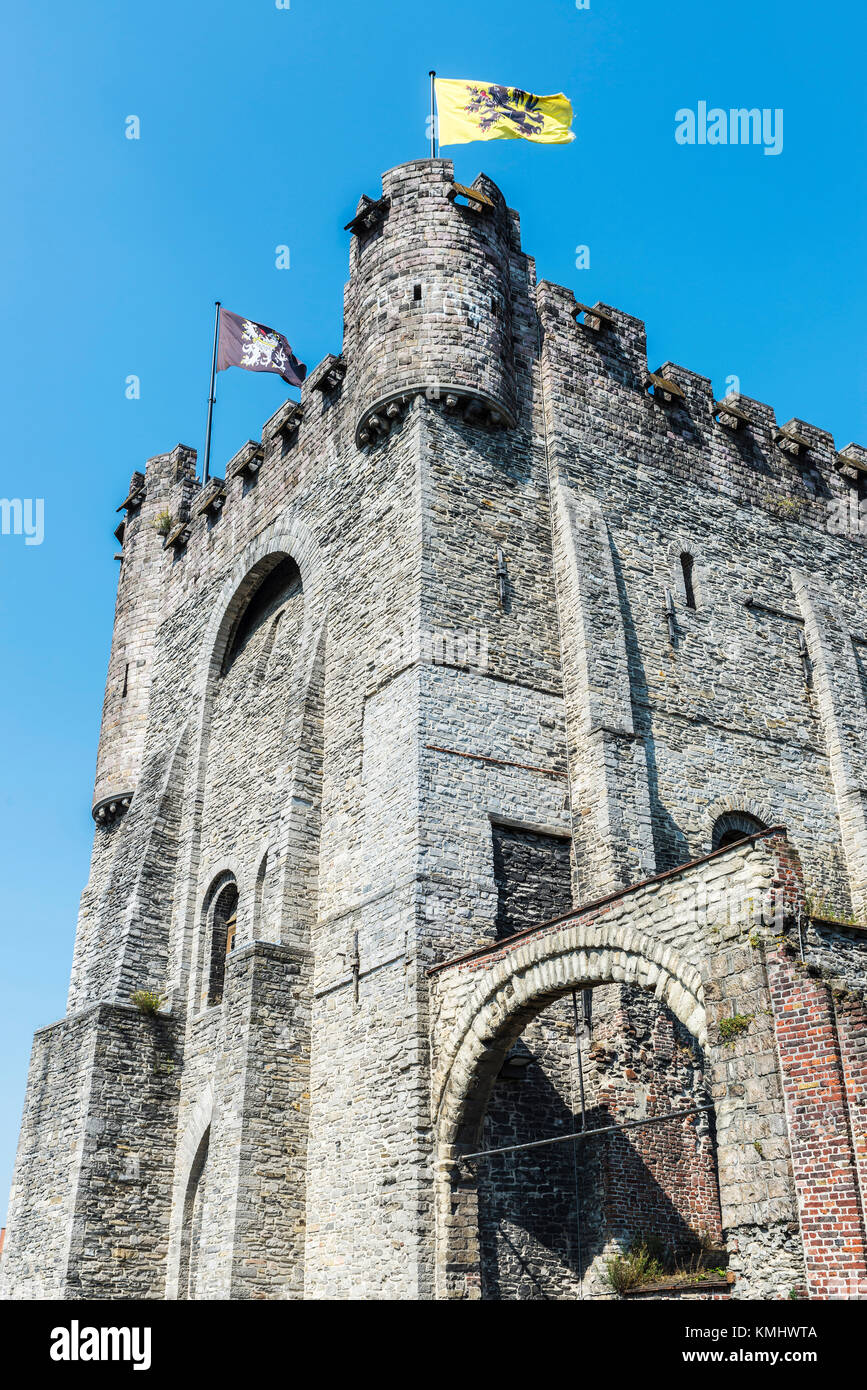 View of the Gravensteen medieval castle in the old town of the city of ...