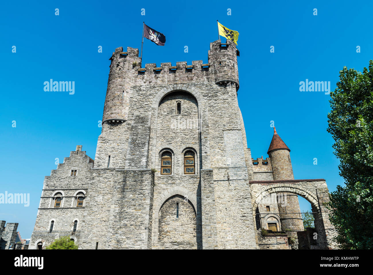 View of the Gravensteen medieval castle in the old town of the city of ...