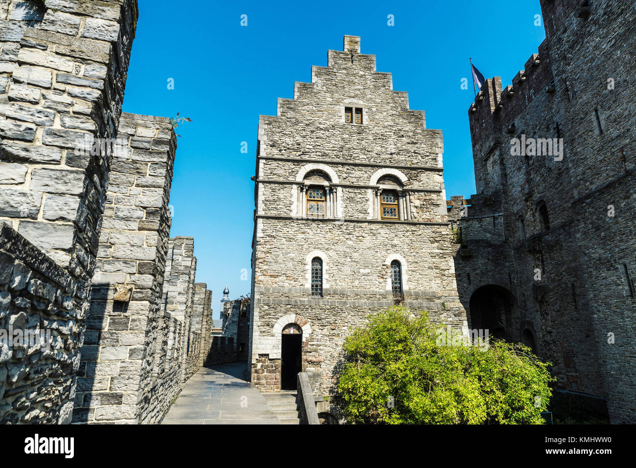 View of the Gravensteen medieval castle in the old town of the city of ...