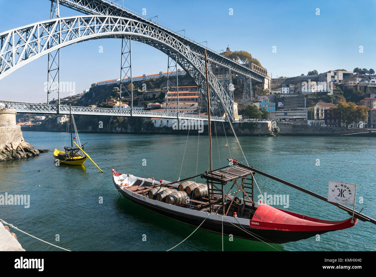 traditional Rabelo boats for Port wine on the River Douro waterfront in ...