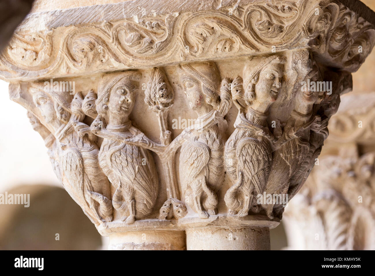 Capitals in the cloister decorated with dragons, centaurs, lattices ...
