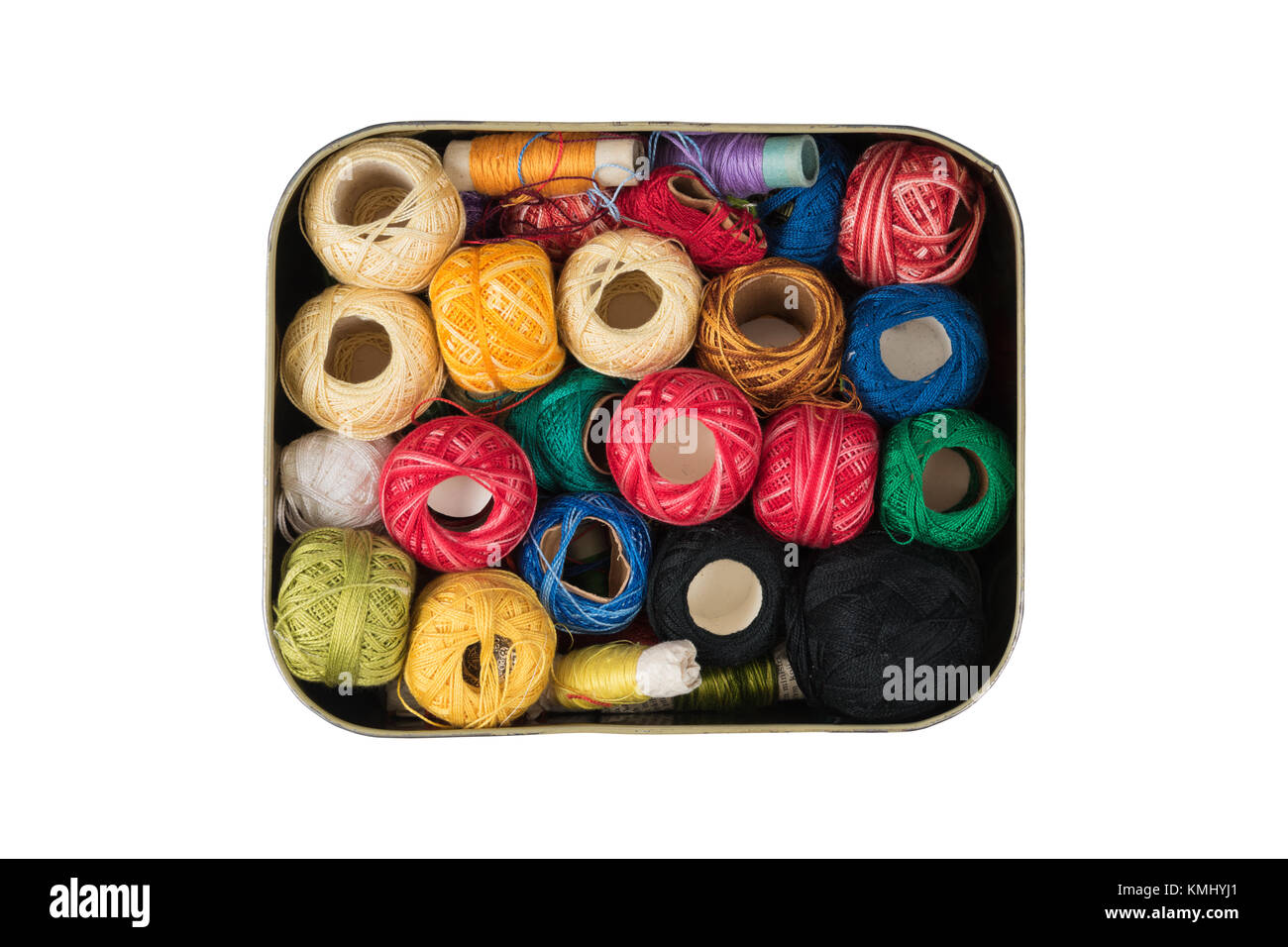 Path saved, isolated metal box full of colorful sewing threads on a ...