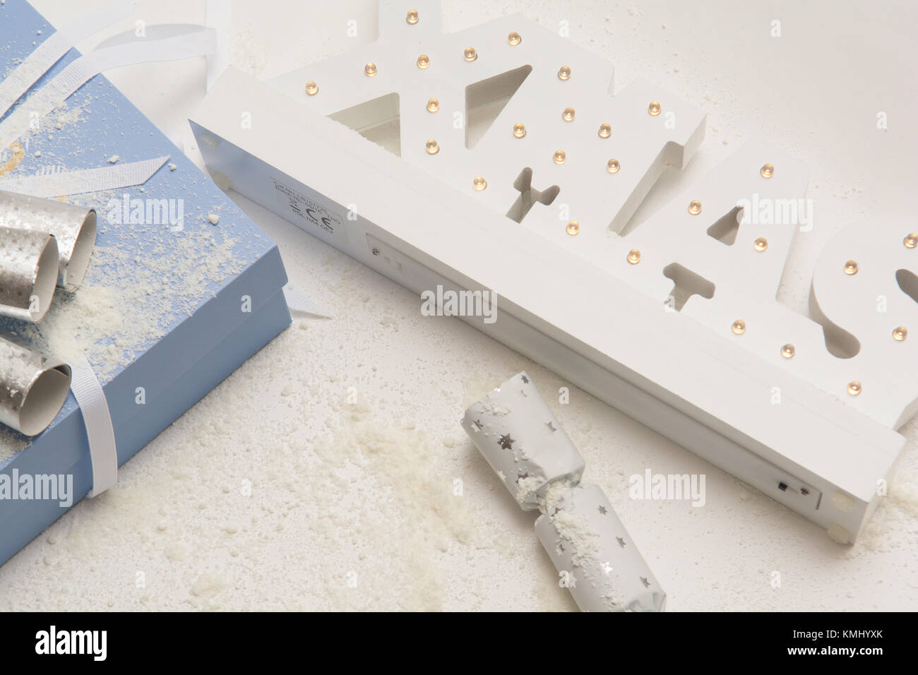 Blue Christmas present in a gift box with snow Stock Photo - Alamy