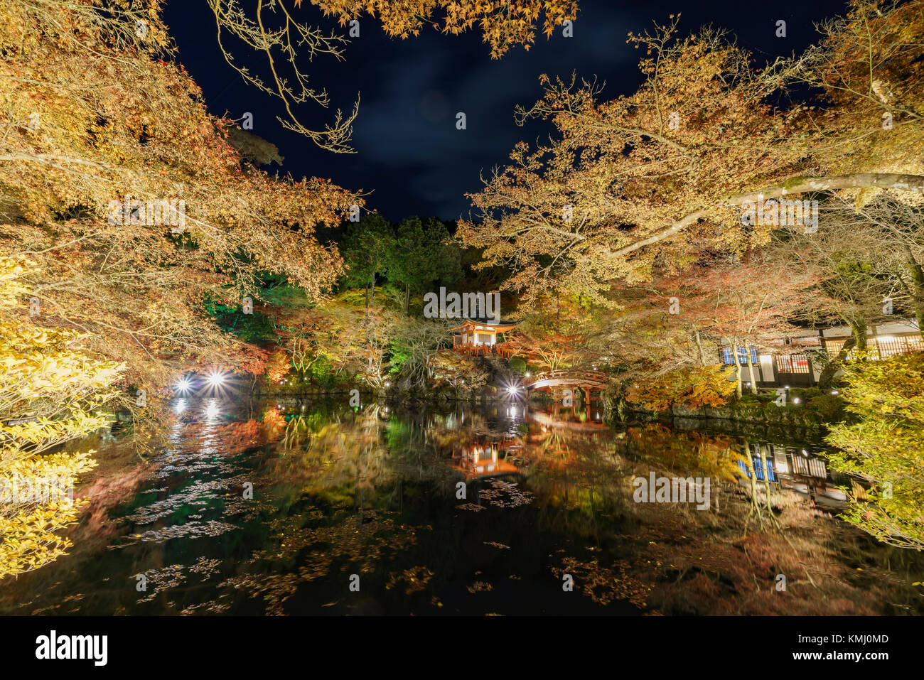 Beautiful night scene of the red bridge, fall color of Daigo-ji at ...