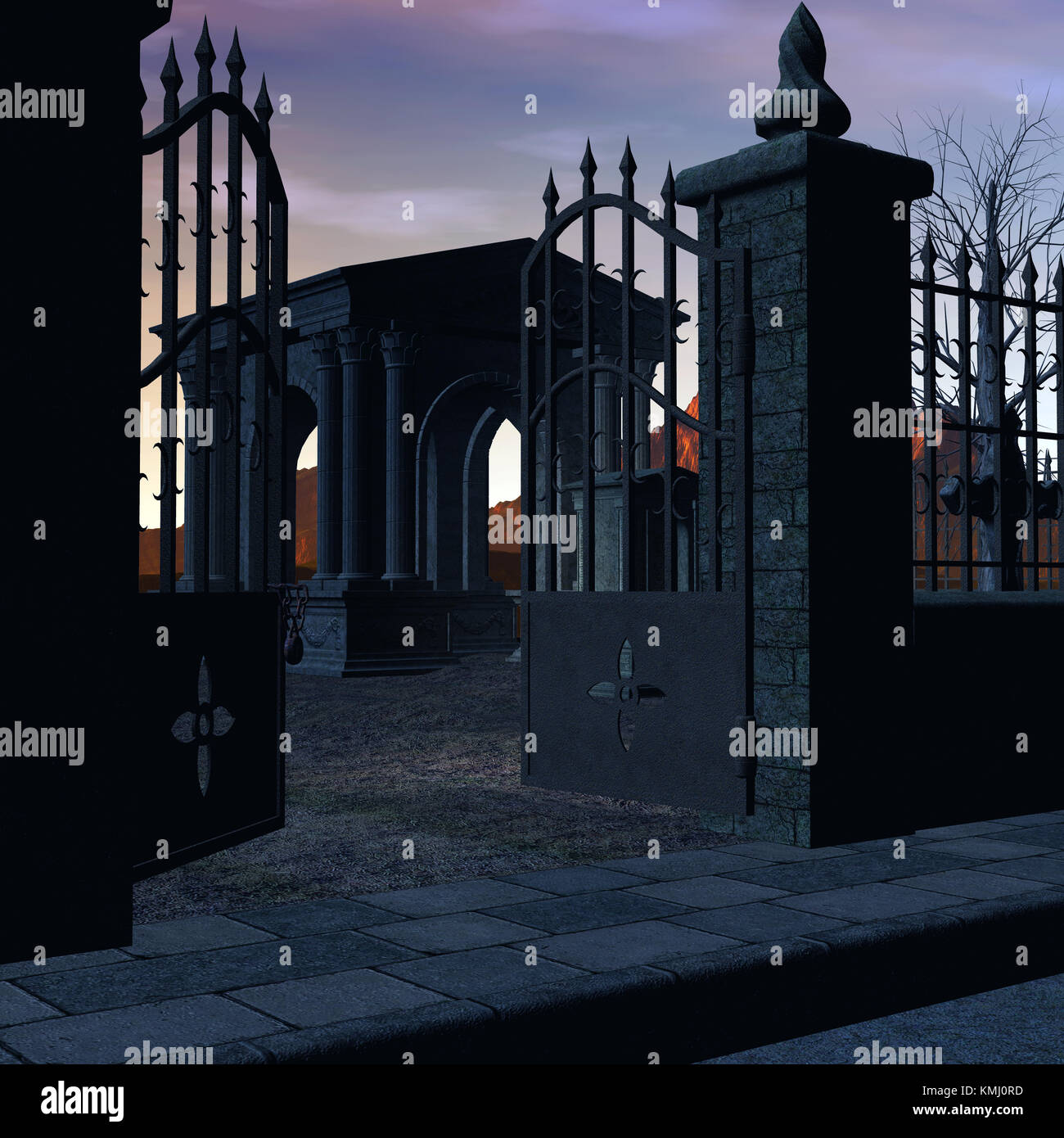 Gated graveyard at sunset with headstones,burals, mausoleum, paved ...