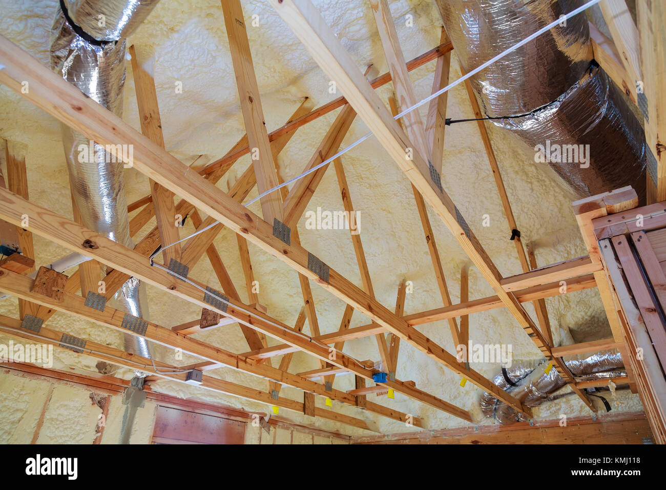Building Attic Interior. Roofing Construction Indoor. Wooden Roof Frame ...