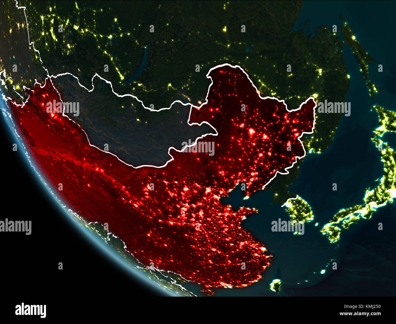 Satellite view of China highlighted in red on planet Earth at night ...