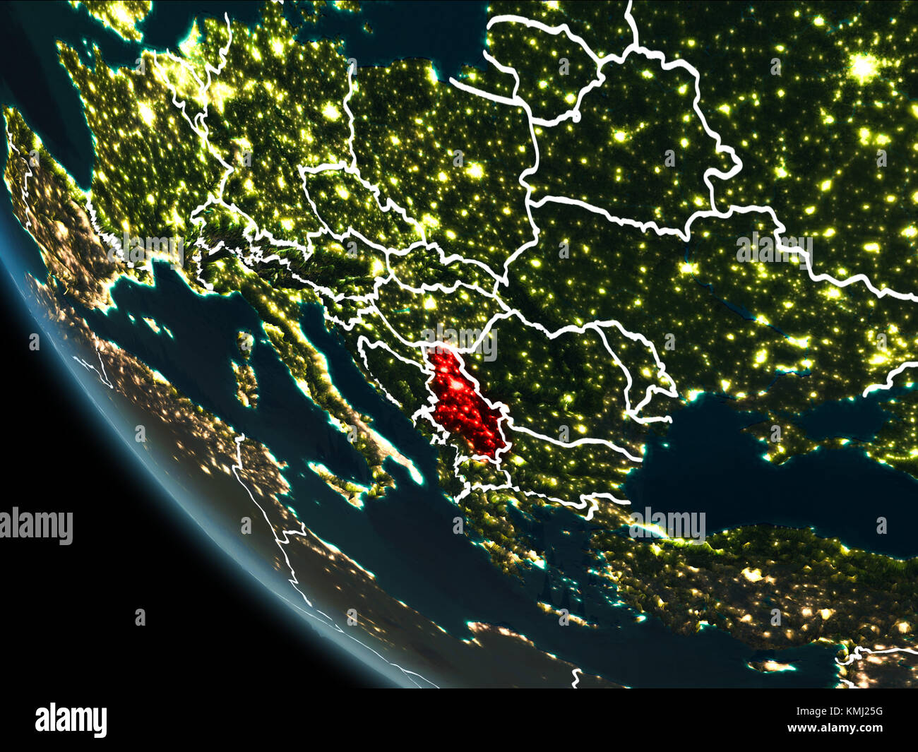 Satellite view of Serbia highlighted in red on planet Earth at night ...