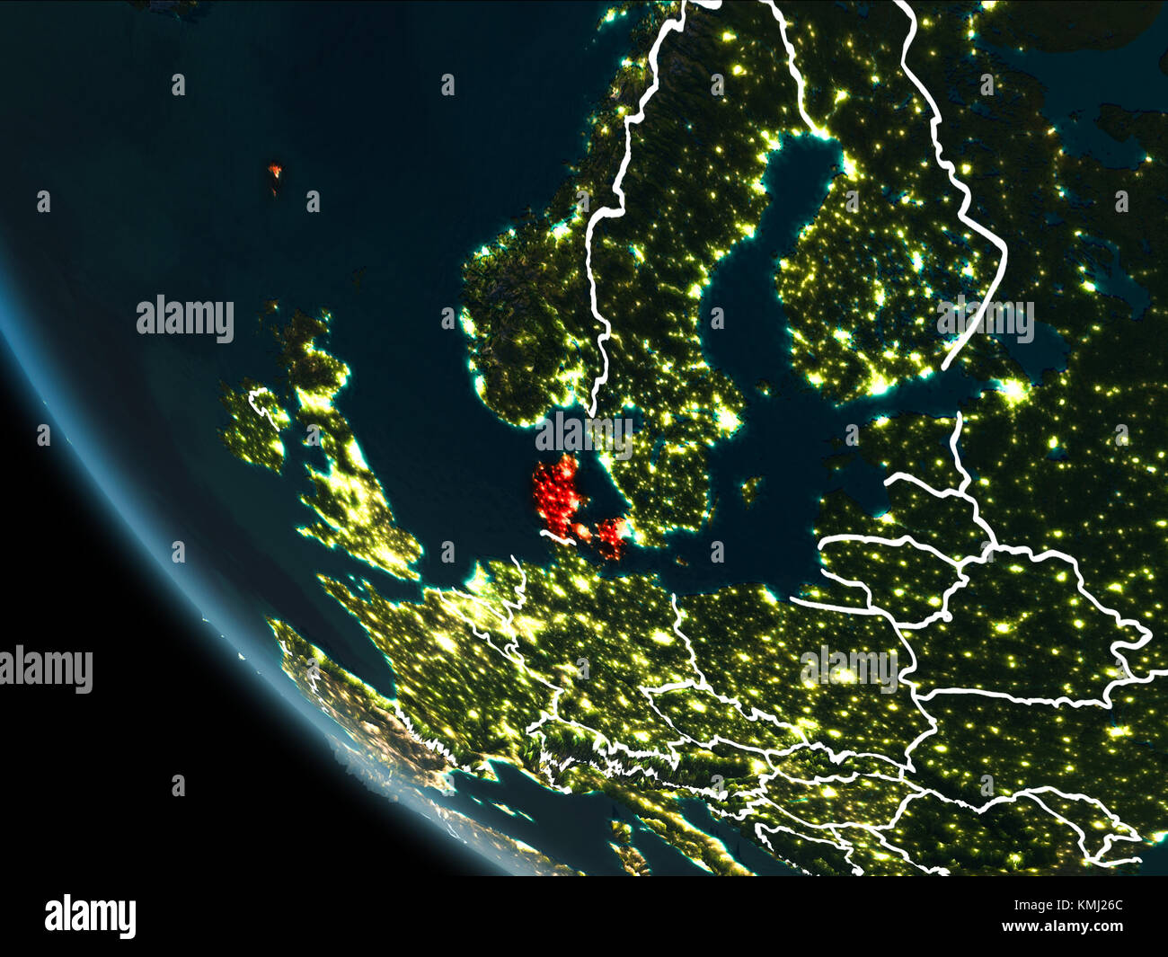 Satellite view of Denmark highlighted in red on planet Earth at night with borderlines and city ...