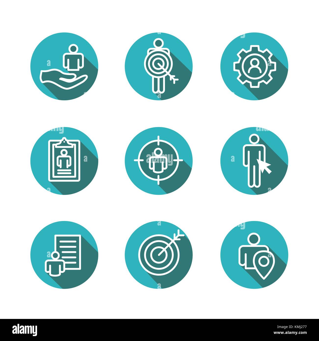 Target market icons of buyer image and persona w gear, arrow, nurturing ...