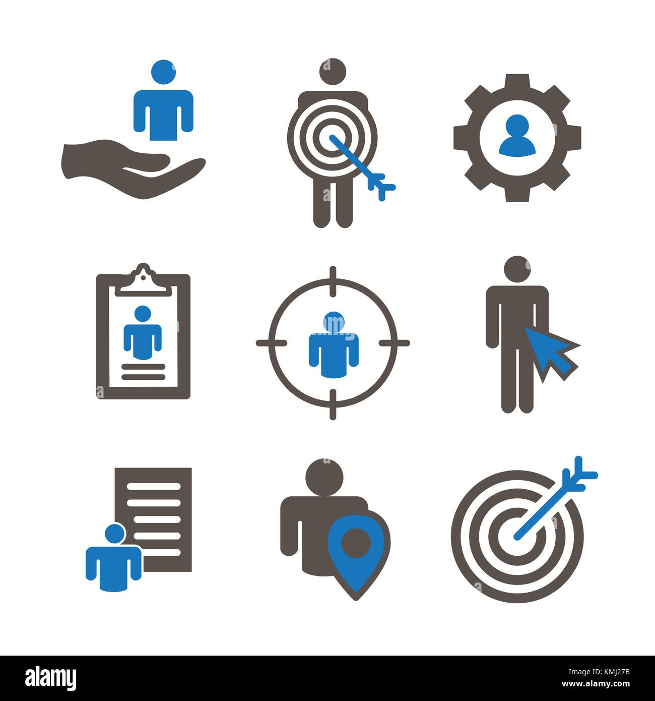 Target market icons of buyer image and persona w gear, arrow, nurturing ...