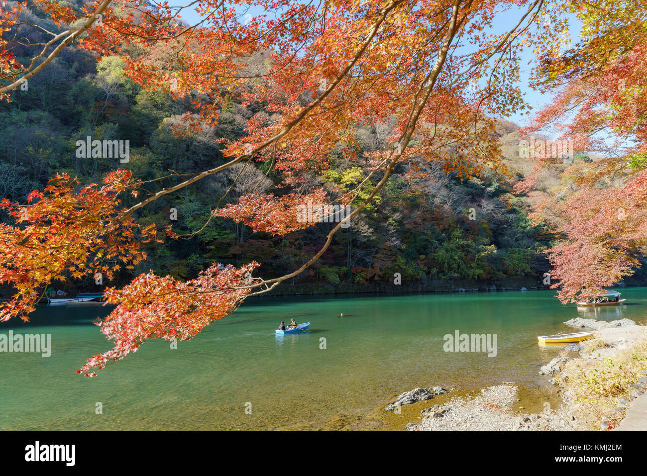 Beautiful Fall Color And Katsura River With Boat At Arashiyama Kyoto