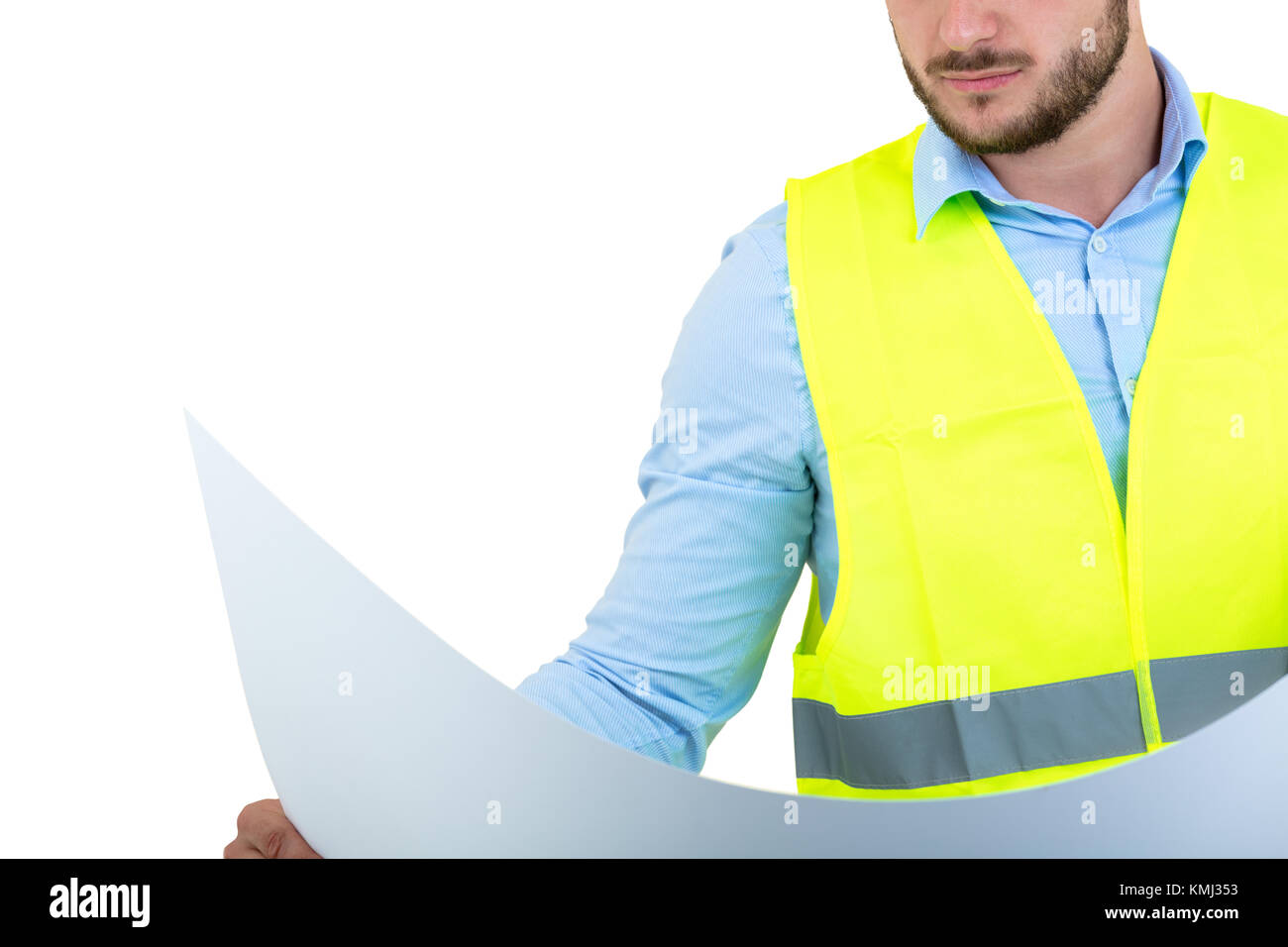 Young Engineer portrait holding blueprints isolated on white Stock ...