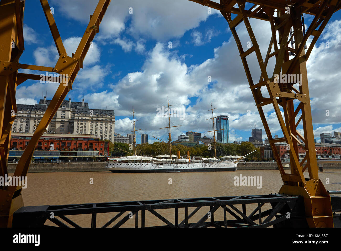 Port crane, ARA Presidente Sarmiento tall ship (1897) on Rio Darsena ...