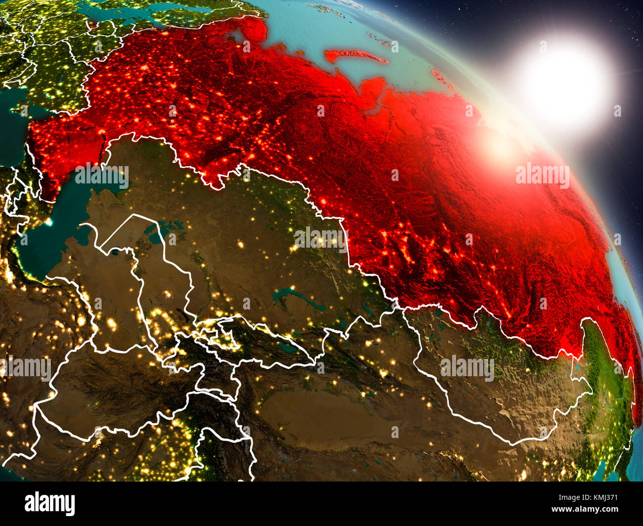 Sunset above Russia from space on planet Earth with visible country ...