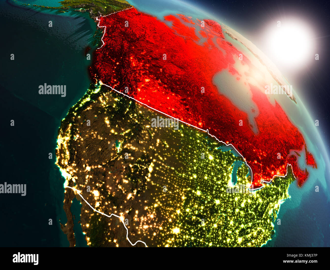 Sunset above Canada from space on planet Earth with visible country ...