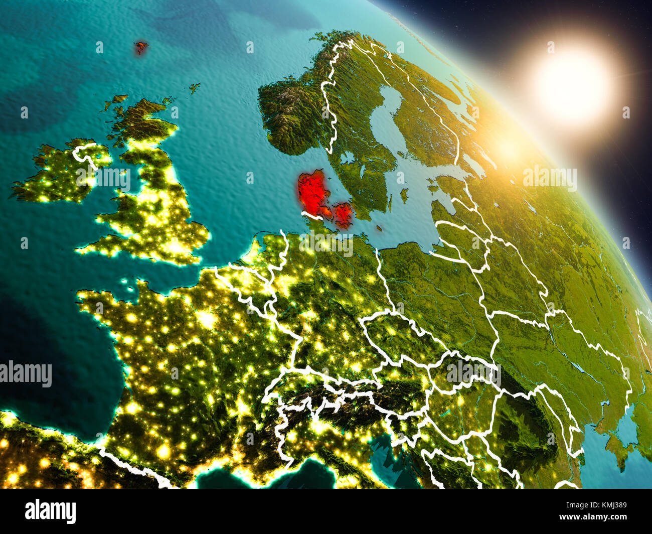 Sunset above Denmark from space on planet Earth with visible country ...