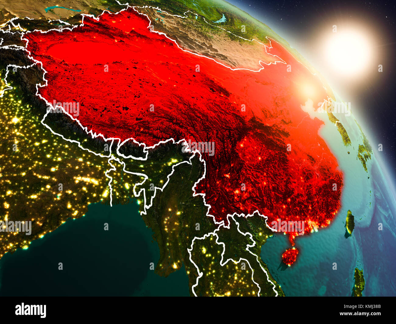 Sunset above China from space on planet Earth with visible country ...