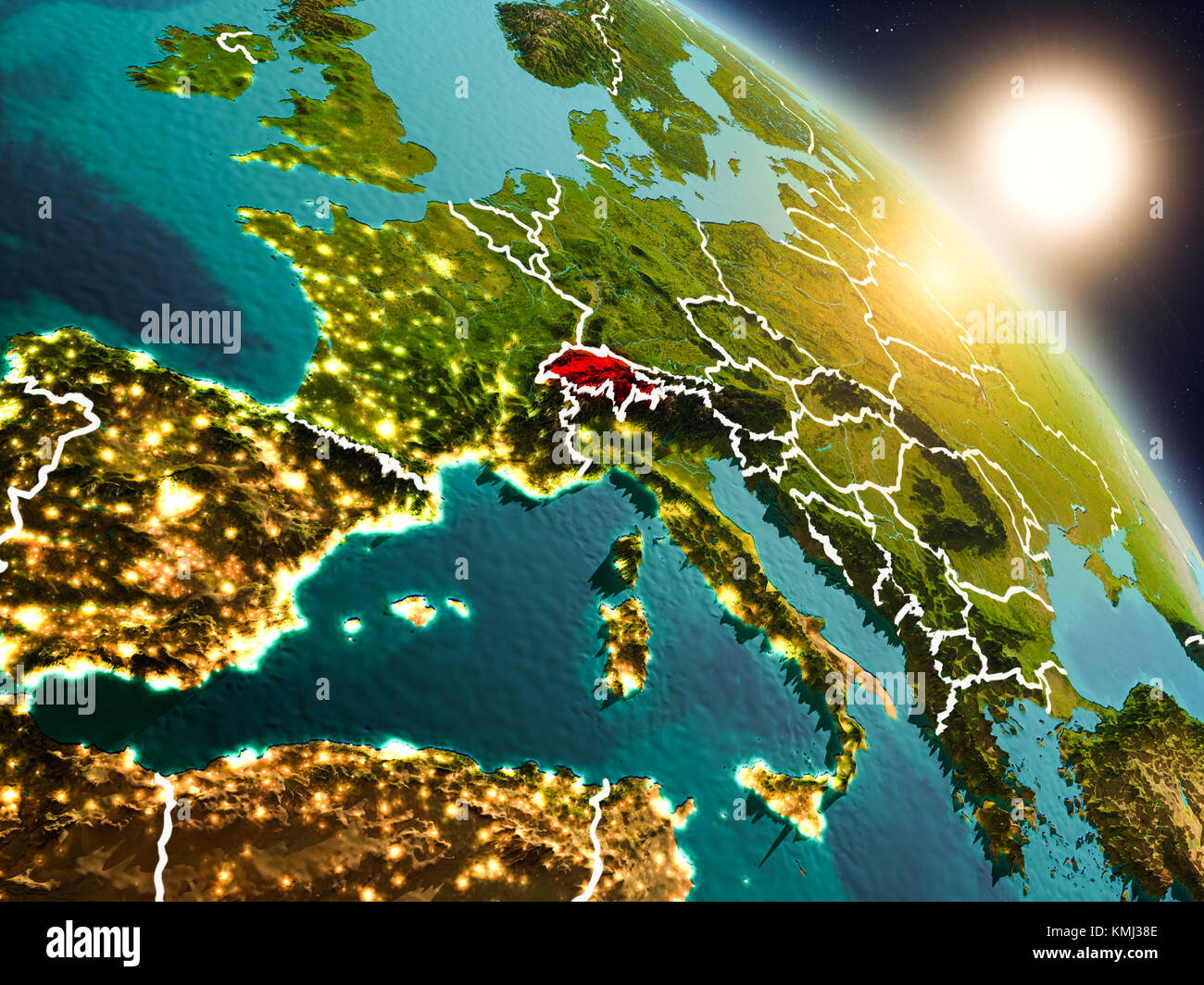 Sunset above Switzerland from space on planet Earth with visible ...