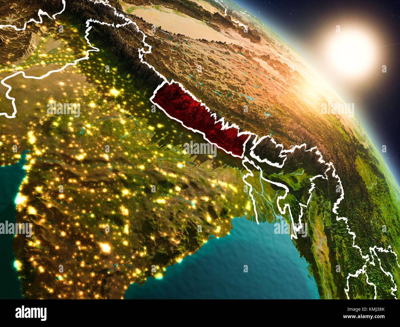 Sunset above Nepal from space on planet Earth with visible country ...