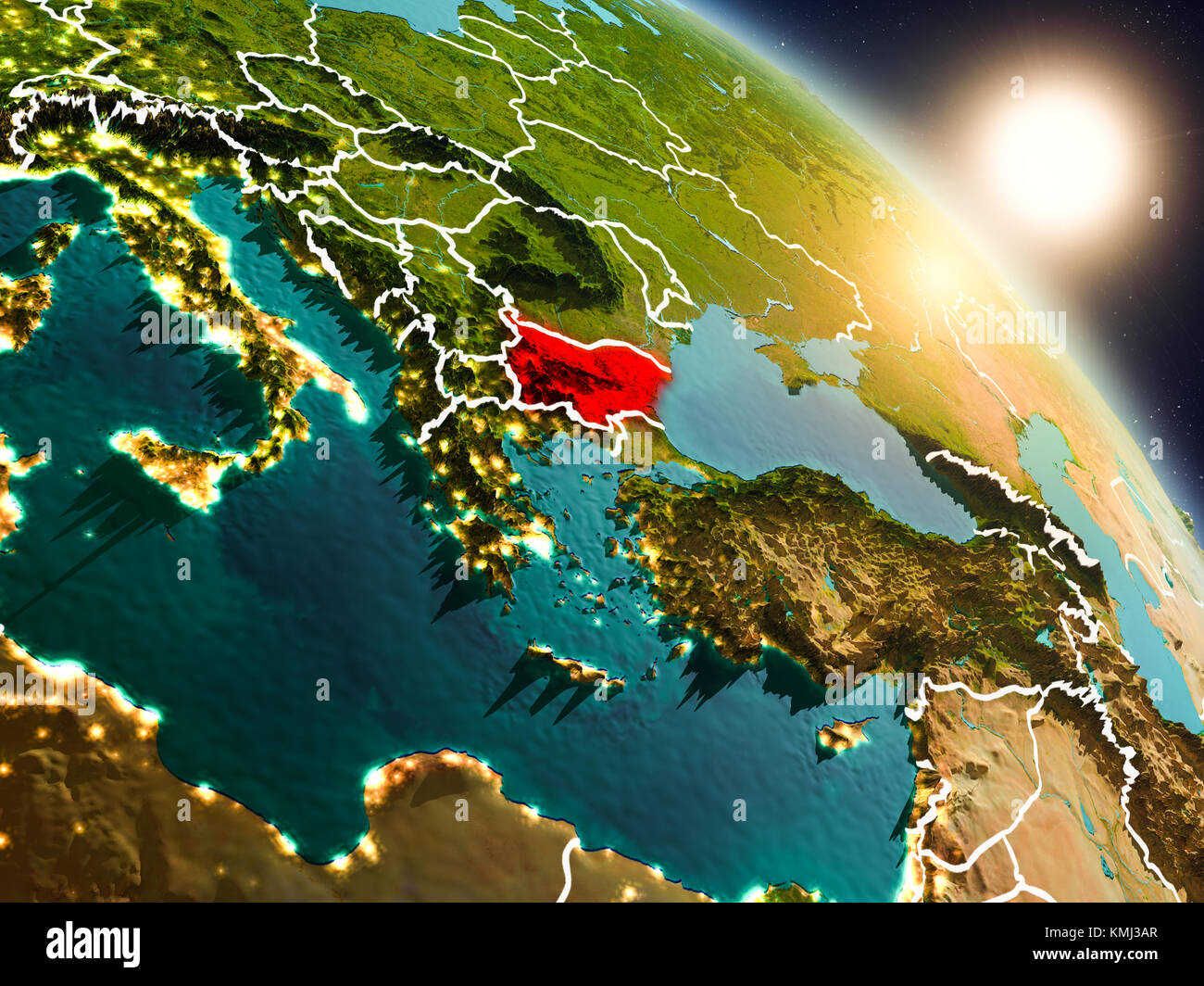 Sunset above Bulgaria from space on planet Earth with visible country ...