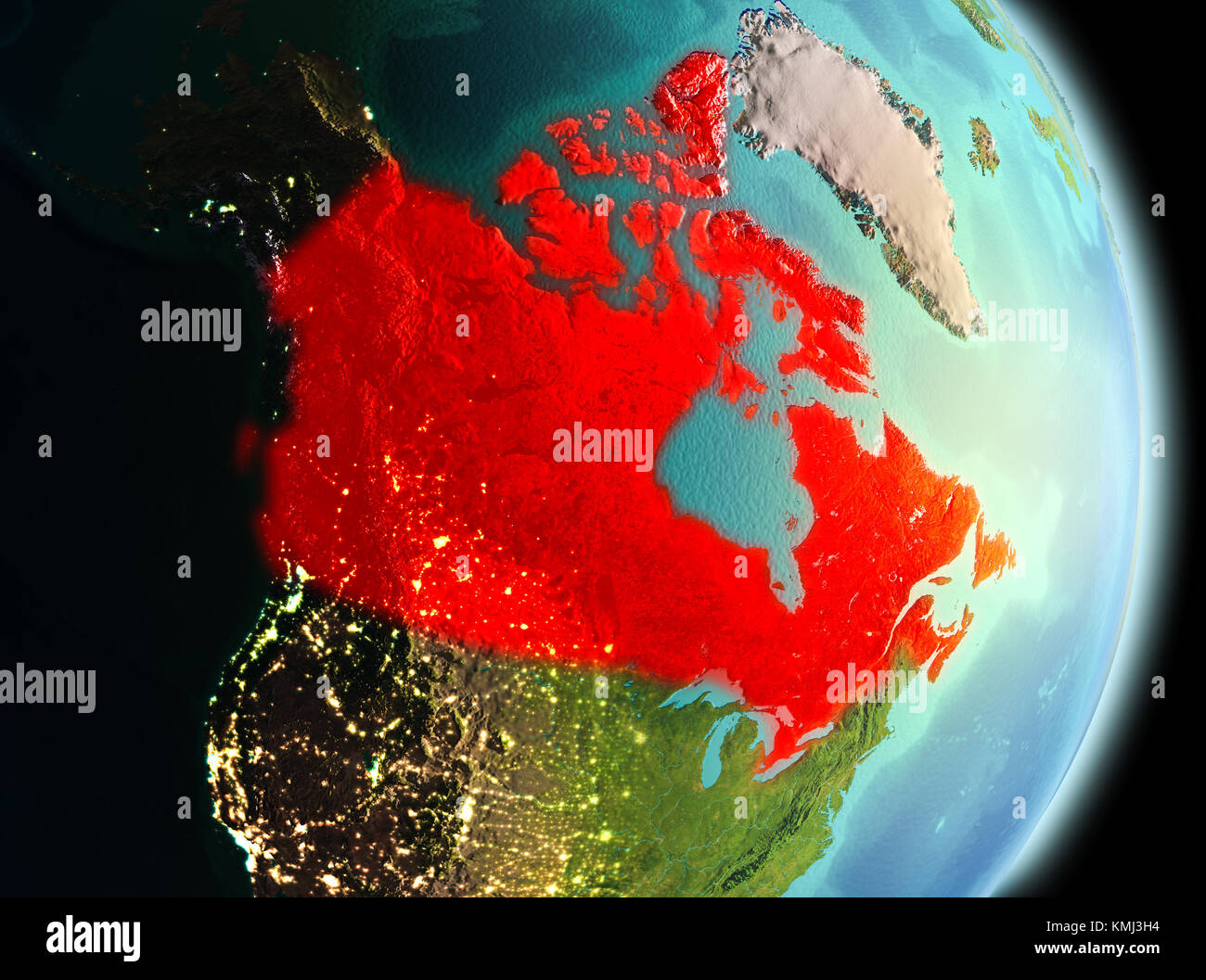 Early morning view of Canada highlighted in red on planet Earth. 3D ...