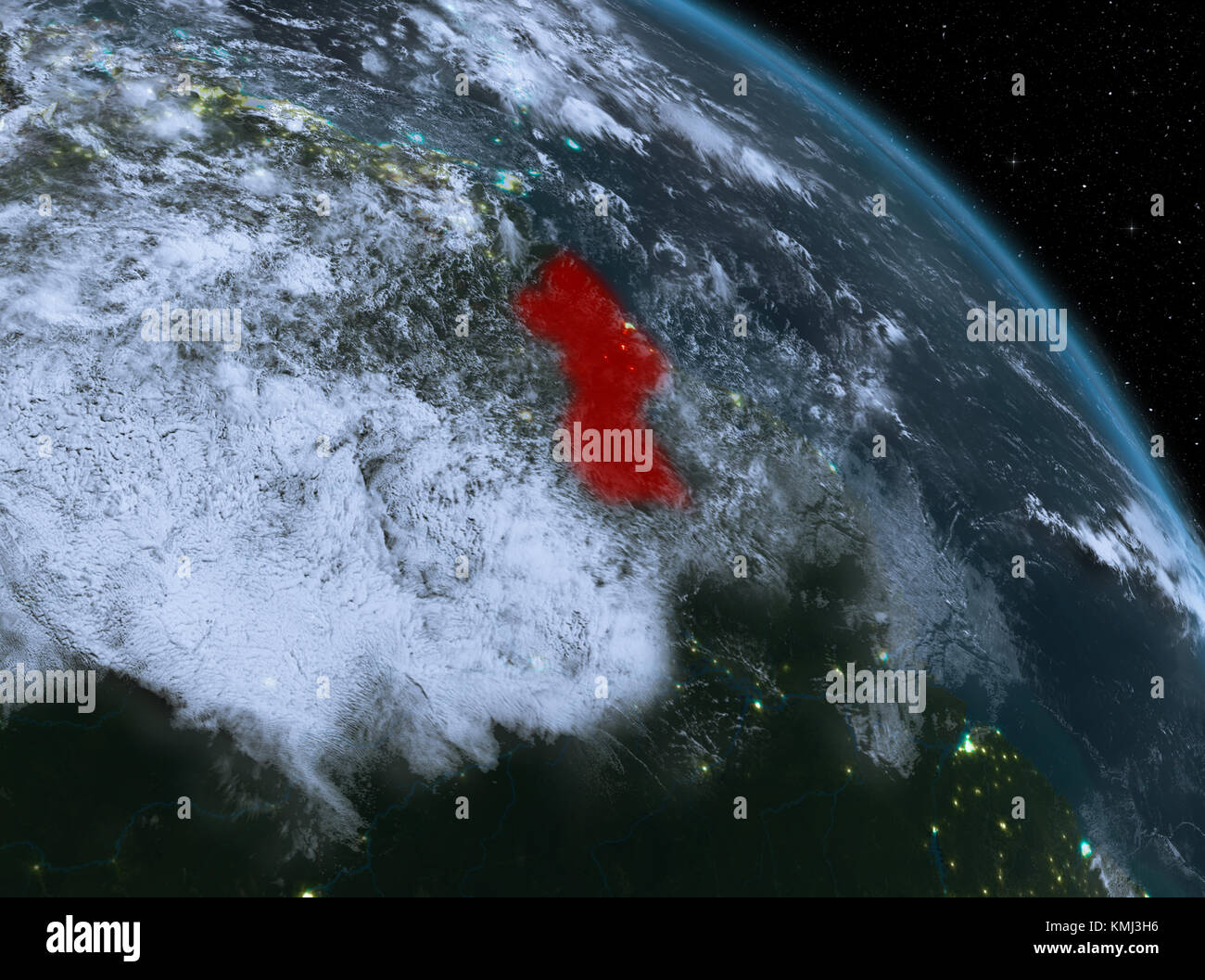 Night above Guyana highlighted in red on model of planet Earth in space ...