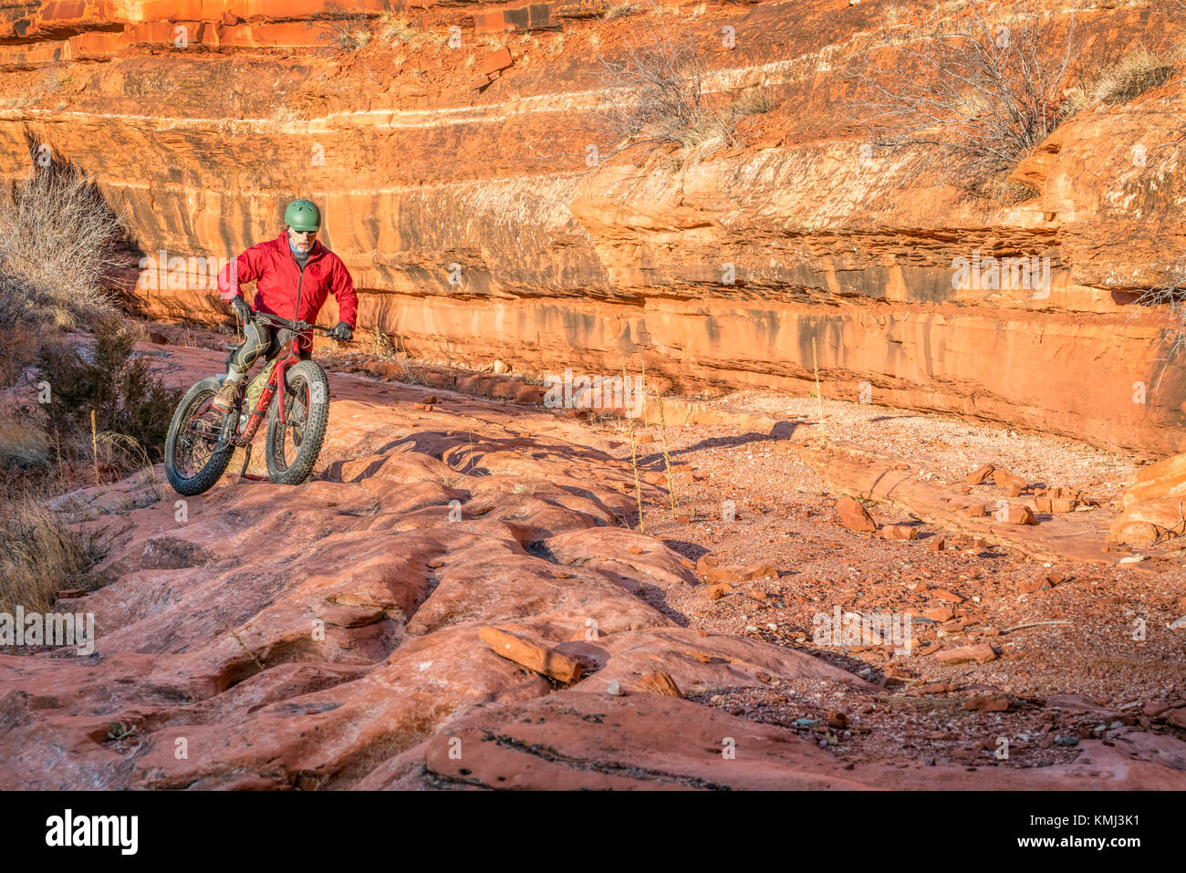 riding a fat mountain bike on a slickrock at the sandstone canyon ...