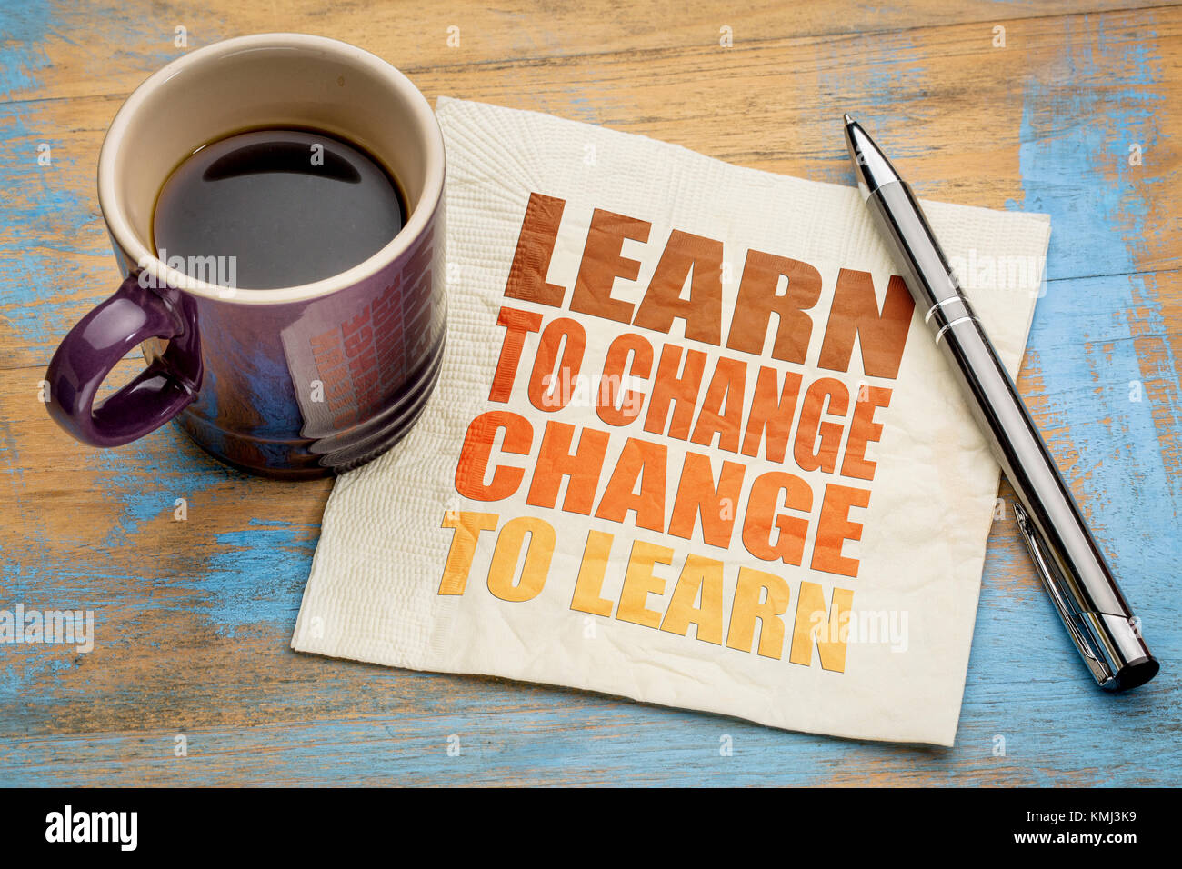Learn to change, change to learn - word abstract on a napkin with a cup ...