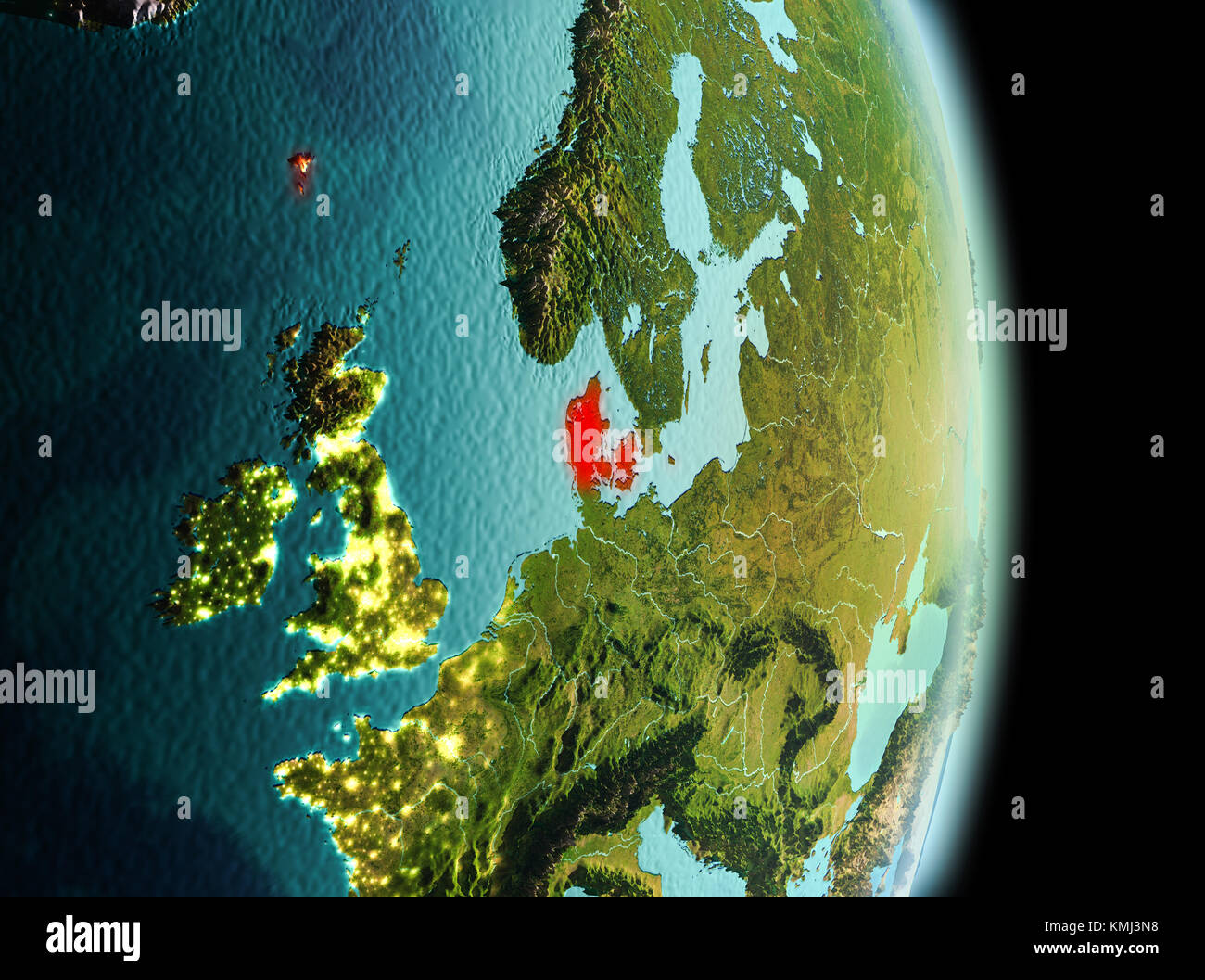 Early morning view of Denmark highlighted in red on planet Earth. 3D illustration. Elements of ...