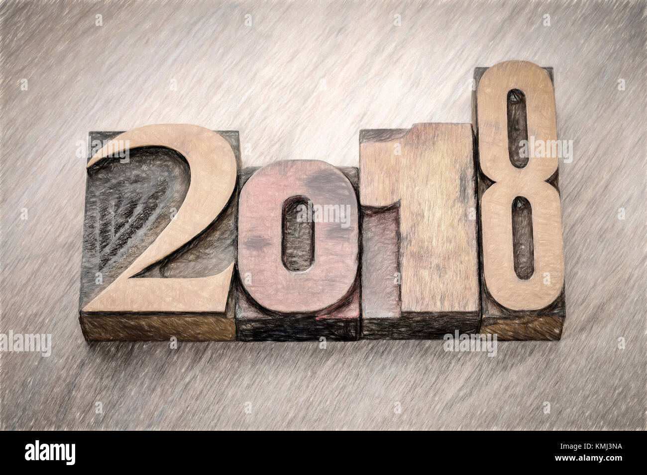 2018 year word abstract in vintage letterpress wood type, digital ...
