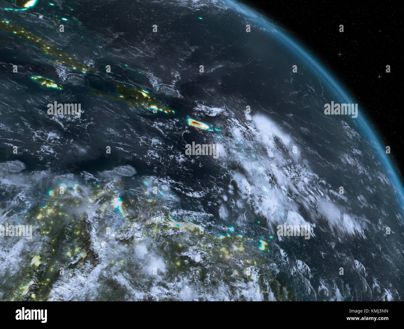 Night above Puerto Rico highlighted in red on model of planet Earth in ...