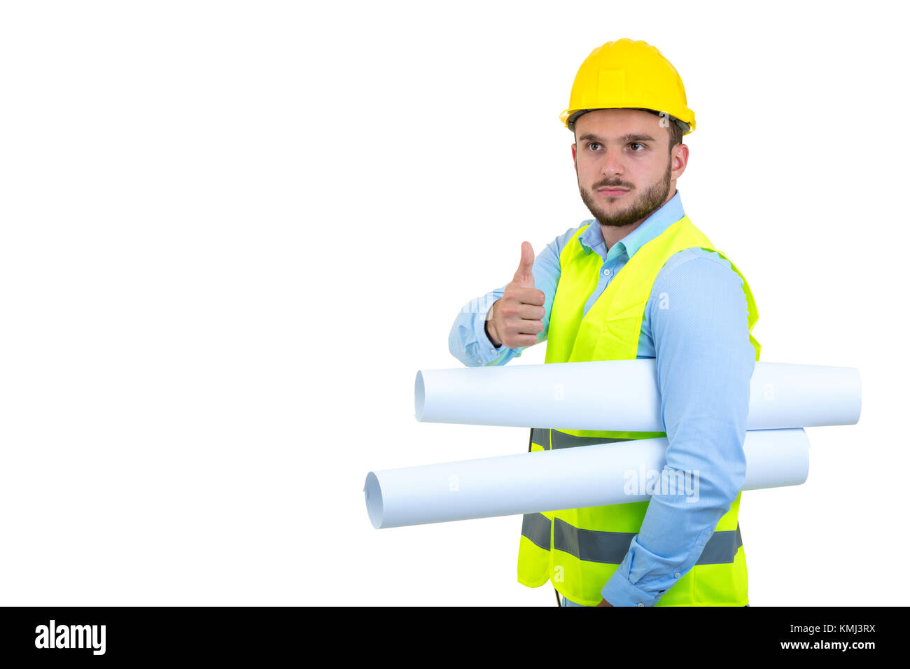 Young Engineer portrait holding blueprints isolated on white Stock ...