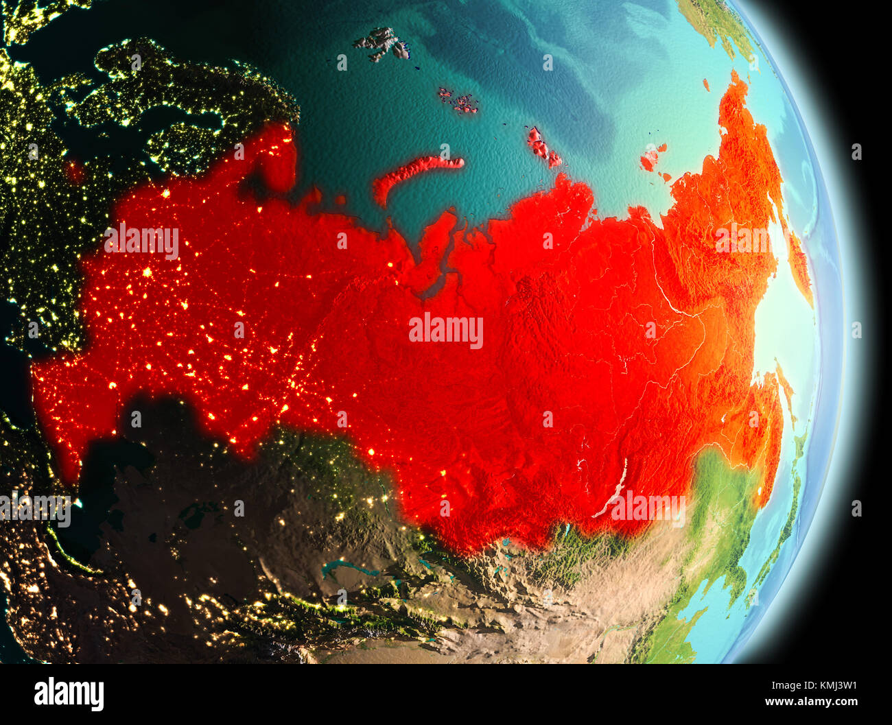 Early morning view of Russia highlighted in red on planet Earth. 3D ...