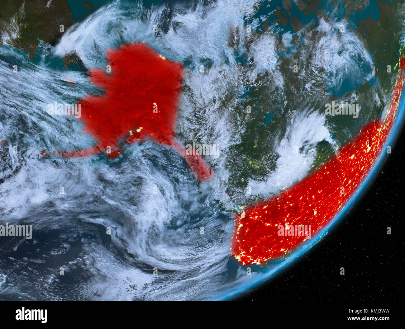 USA from orbit of planet Earth at night with highly detailed surface ...