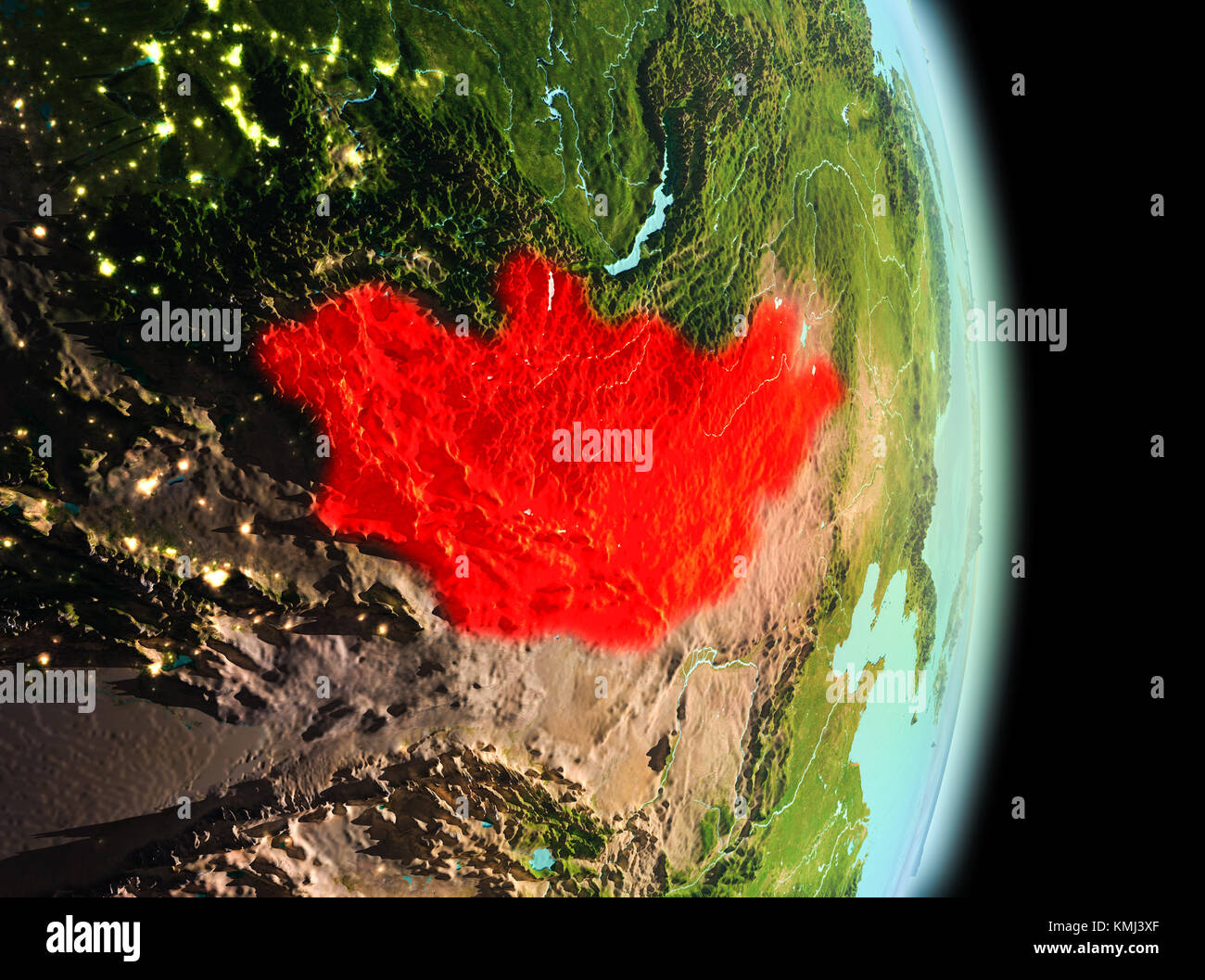 Early morning view of Mongolia highlighted in red on planet Earth. 3D ...