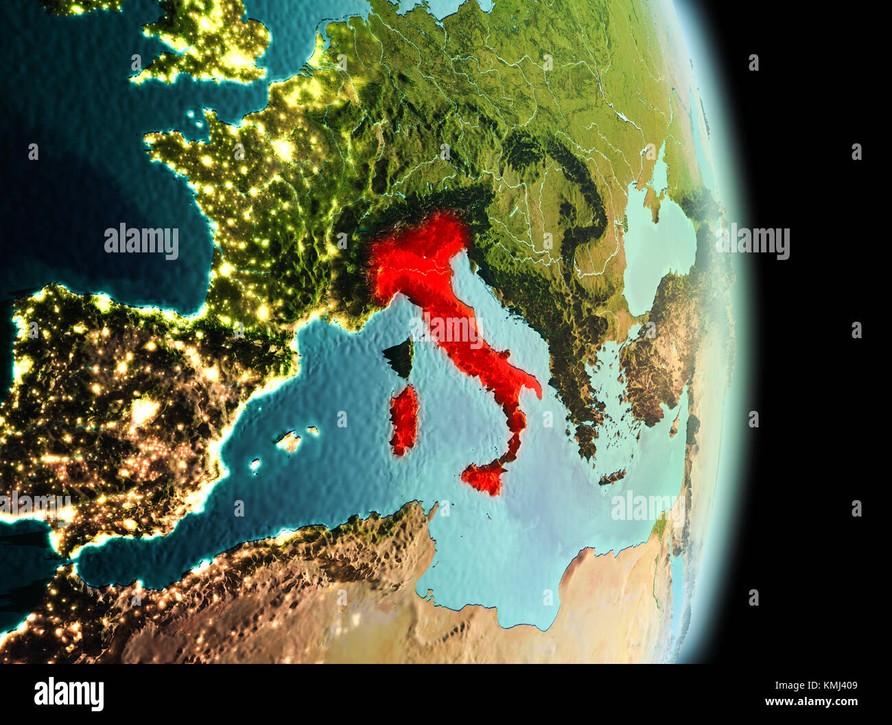 Early morning view of Italy highlighted in red on planet Earth. 3D ...