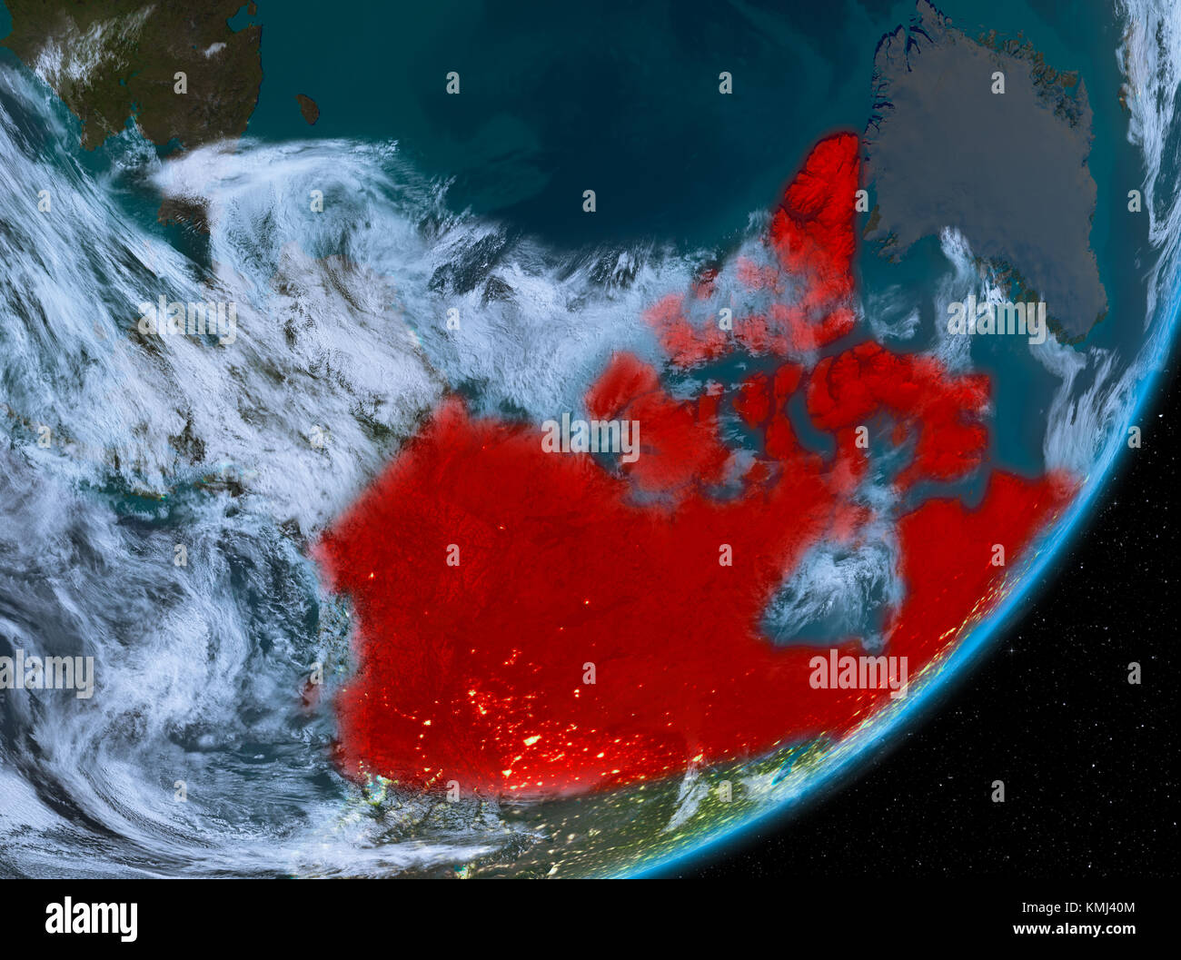 Canada from orbit of planet Earth at night with highly detailed surface ...