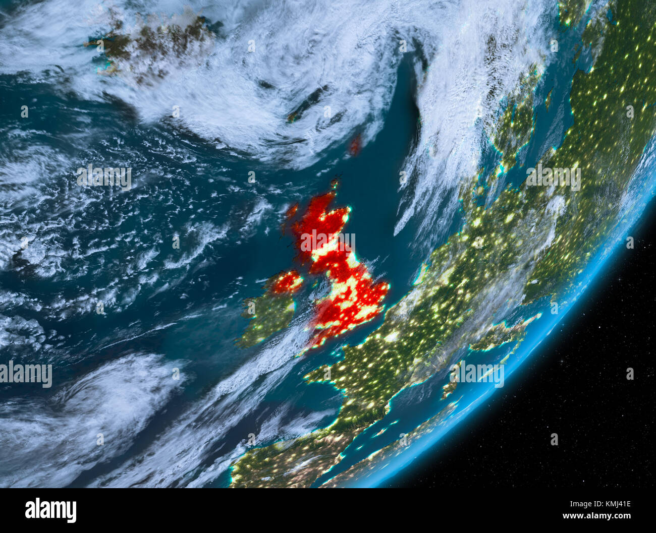 United Kingdom from orbit of planet Earth at night with highly detailed ...