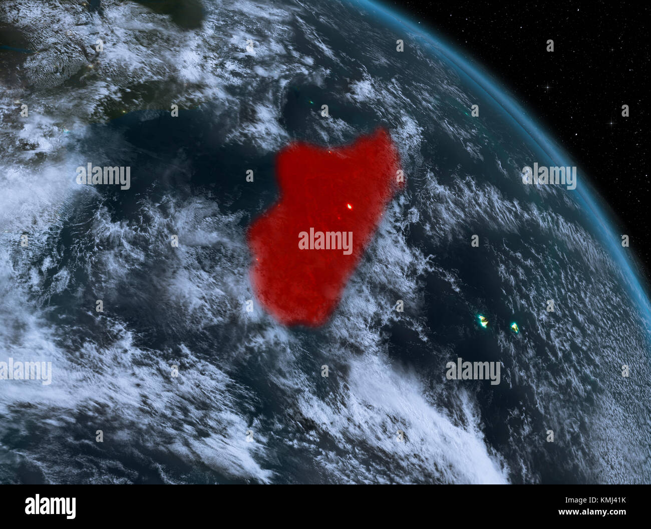Night above Madagascar highlighted in red on model of planet Earth in ...