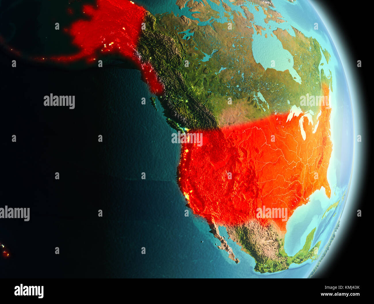 Early morning view of USA highlighted in red on planet Earth. 3D ...