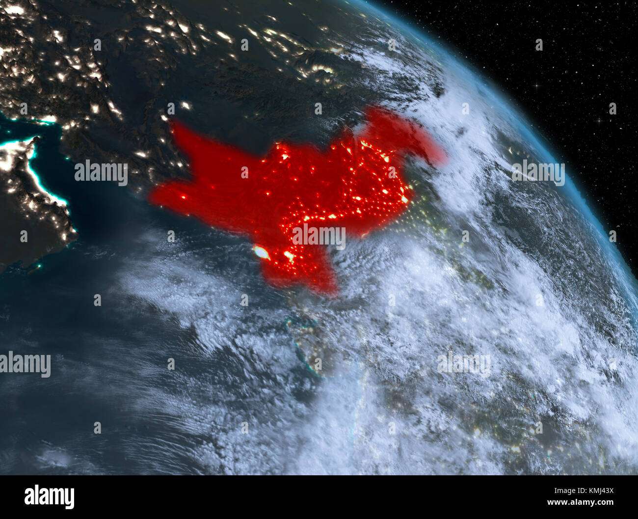 Night above Pakistan highlighted in red on model of planet Earth in ...
