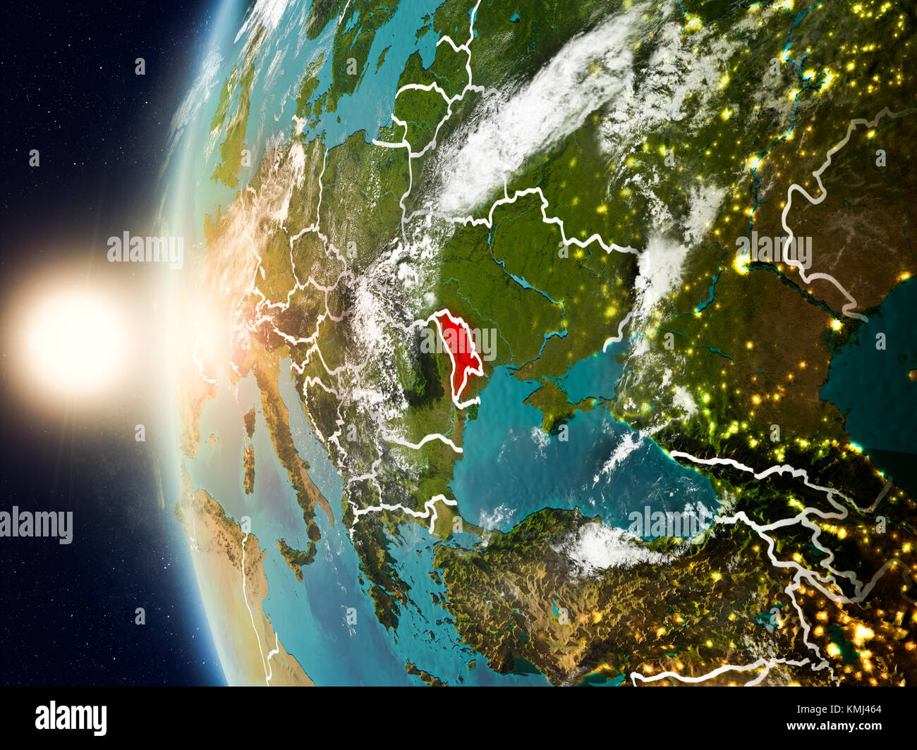 Satellite view of Moldova highlighted in red on planet Earth with ...