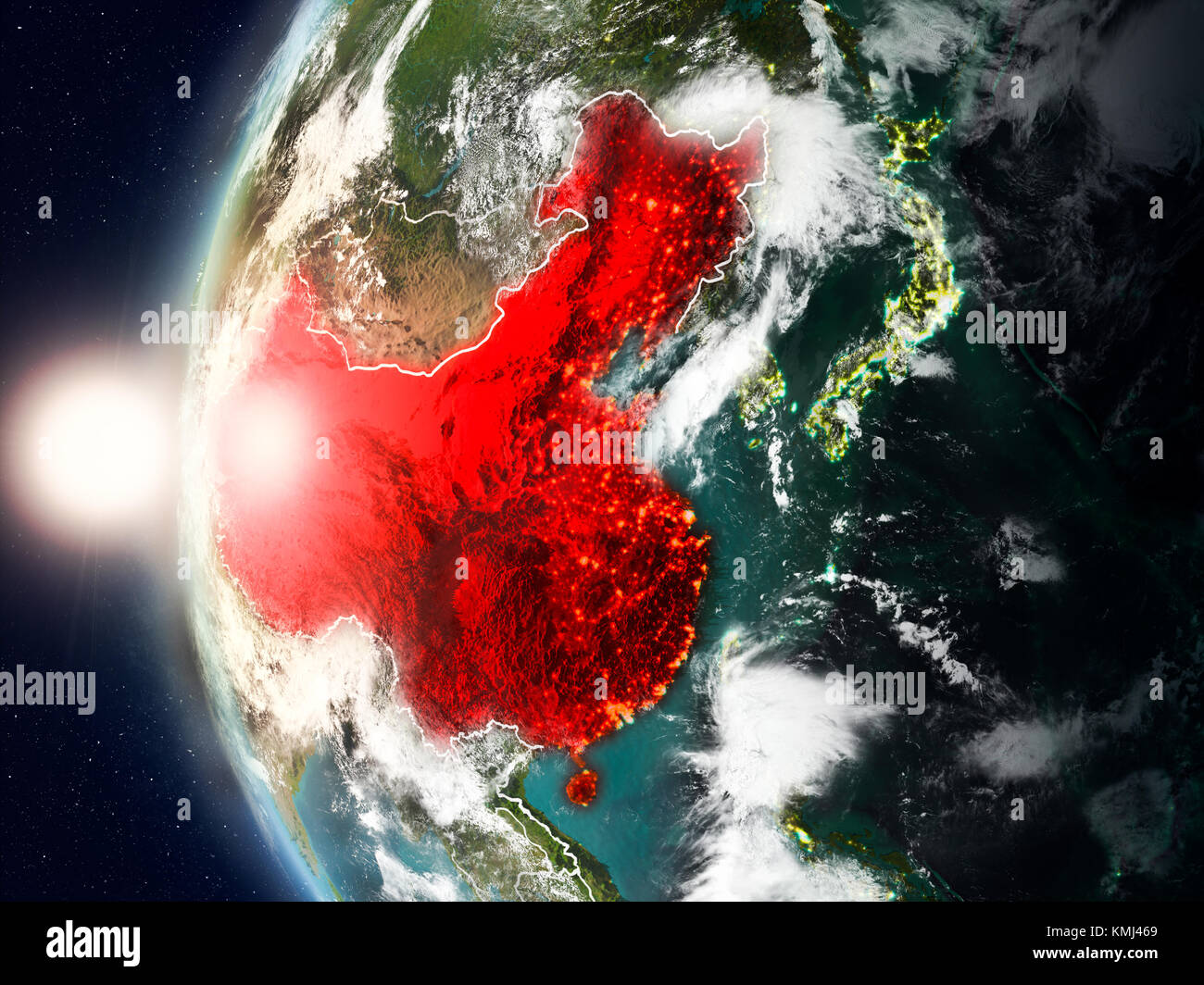 Satellite view of China highlighted in red on planet Earth with clouds ...