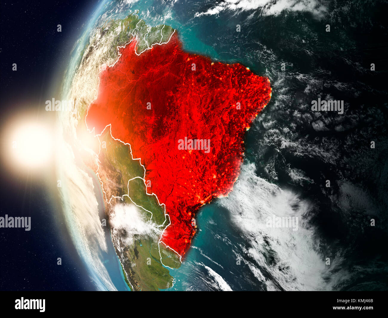 Satellite view of Brazil highlighted in red on planet Earth with clouds ...