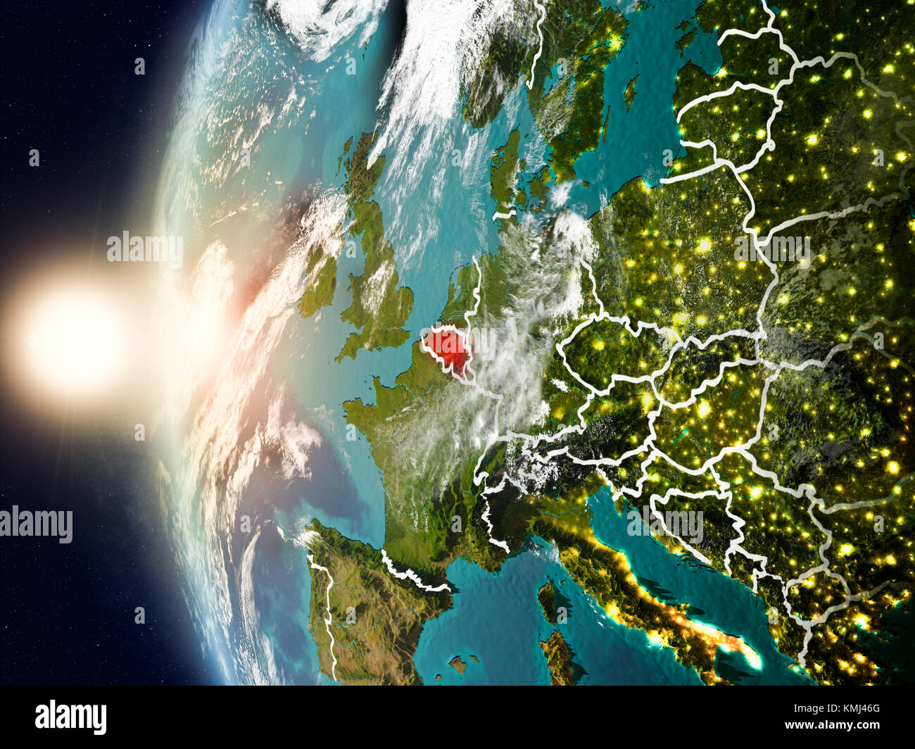 Satellite view of Belgium highlighted in red on planet Earth with clouds and visible country ...