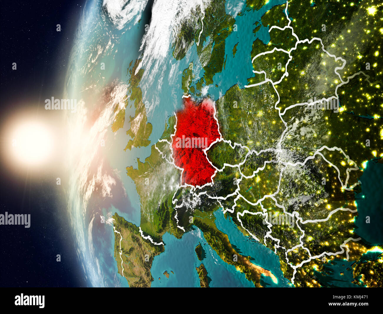 Satellite view of Germany highlighted in red on planet Earth with ...